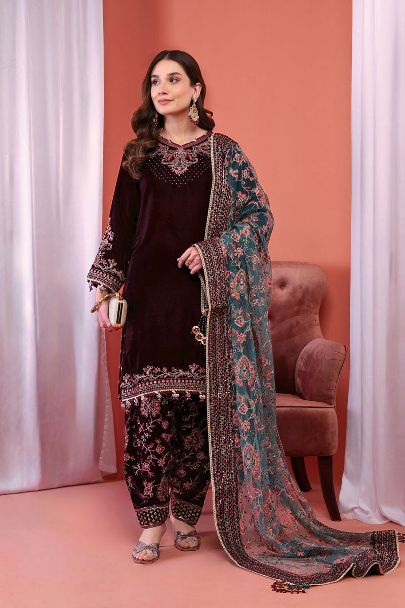 Mihrimah Luxury Velvet Pakistani Wedding Wear Shalwar Kameez Wine MIH88