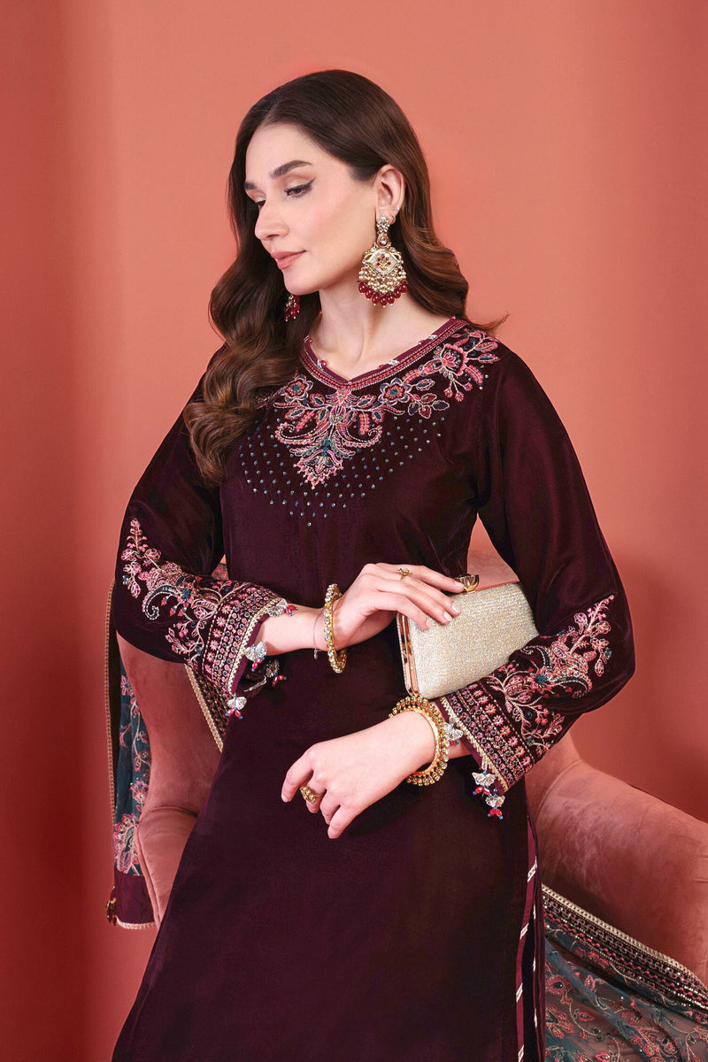 Mihrimah Luxury Velvet Pakistani Wedding Wear Shalwar Kameez Wine MIH88
