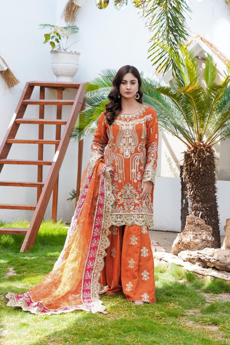 Sajni Embroidered Chiffon Pakistani Mehndi Gharara Outfit SAJ11